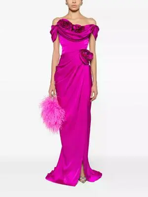 ANA RADU Fuchsia Satin Floral Appliqué Draped Gown - Pink