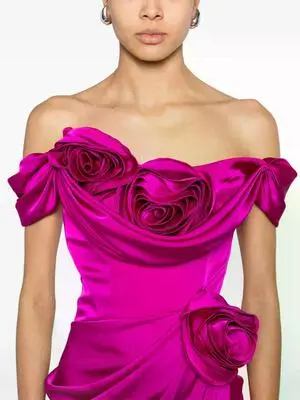 ANA RADU Fuchsia Satin Floral Appliqué Draped Gown - Pink