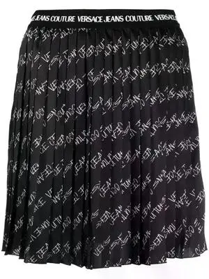 Versace Pleated Logo Print Mini Skirt - Black