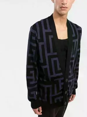 Balmain Monogram-print V-neck Cardigan - Blue