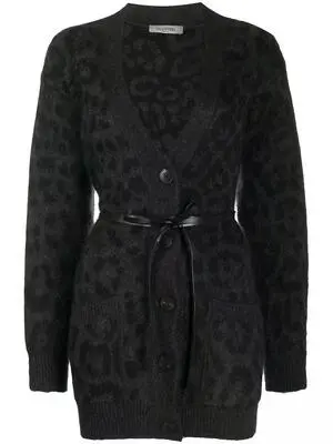 Valentino Garavani Leopard Print Belted V-neck Cardigan