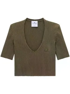 COURREGES Ribbed Knit V-neck Top - Green