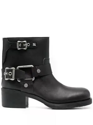Ash Leather Block Heel Boots With Decorative Buckles