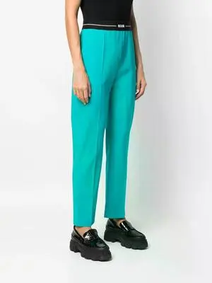 MSGM Teal Virgin Wool Blend Tailored Trousers With Logo Waistband