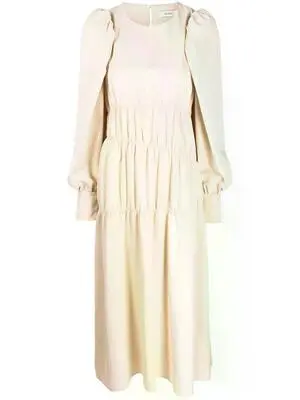 Goen.j Ruched Puffed-sleeve Midi Dress - Neutrals