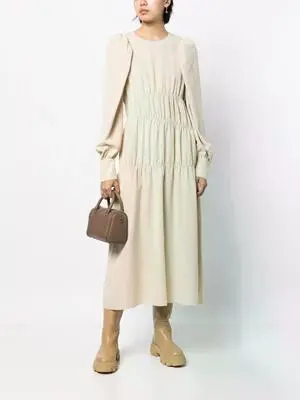 Goen.j Ruched Puffed-sleeve Midi Dress - Neutrals