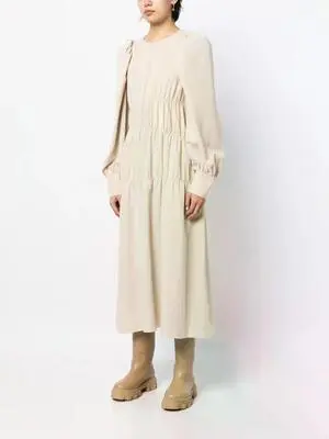 Goen.j Ruched Puffed-sleeve Midi Dress - Neutrals
