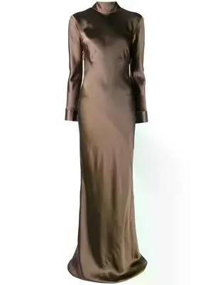 Michelle Mason Open-back Long-sleeve Gown - Brown