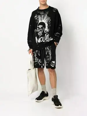 HACULLA. Distressed Intarsia Knit Track Shorts - Black