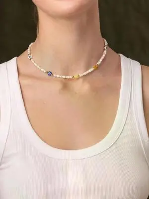 NIALAYA JEWELRY Multicolor Flower Charm Pearl Necklace