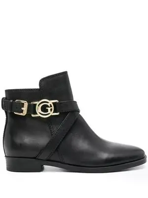 Guess Floriza Logo-plaque Leather Ankle Boots - Black