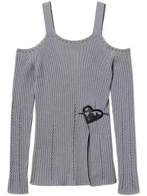 TWINSET Brooch Detail Ribbed Knit Top - Grey