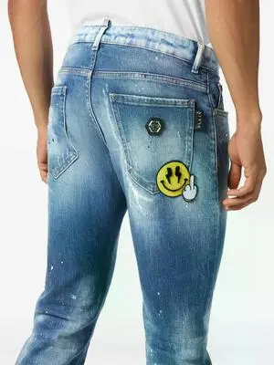 Philipp Plein Smiley Face Appliqué Distressed Jeans