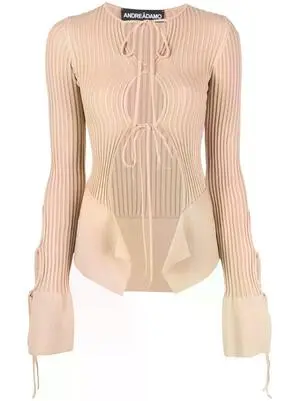 ANDREĀDAMO Ribbed Knit Cut-out Top With Extra-long Sleeves - Neutrals
