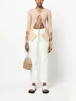 ANDREĀDAMO Ribbed Knit Cut-out Top With Extra-long Sleeves - Neutrals