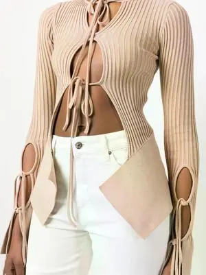 ANDREĀDAMO Ribbed Knit Cut-out Top With Extra-long Sleeves - Neutrals