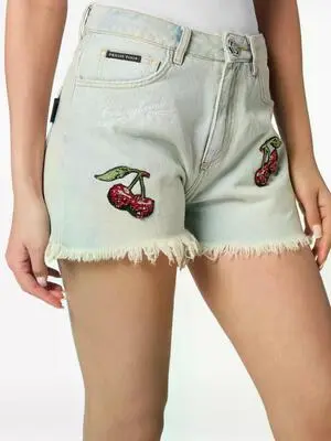 Philipp Plein Cherry Sequin Embroidered Denim Shorts