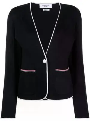 Thom Browne Contrasting Trim Collarless Jacket - Blue