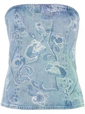 ROTATE BY BIRGER CHRISTENSEN Strapless Embellished Denim Top - Blue