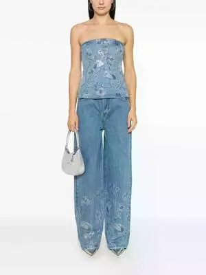 ROTATE BY BIRGER CHRISTENSEN Strapless Embellished Denim Top