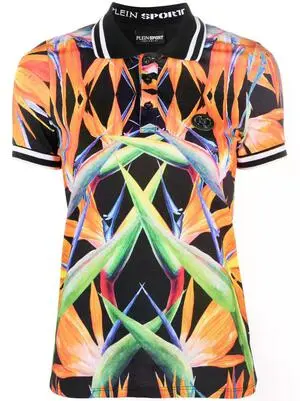 PLEIN SPORT Floral-print Cotton Polo Top - Black