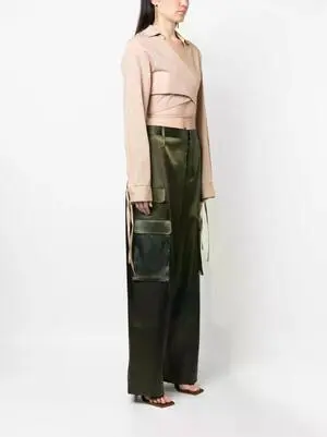 ANDREĀDAMO Cropped Wrap Blouse With Ribbed Panelling - Brown