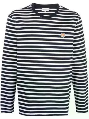 Maison Kitsuné Fox-motif Striped Cotton T-shirt - Blue