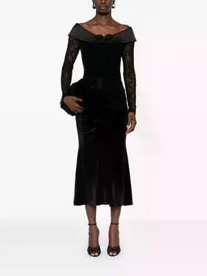 NISSA Velvet Floral Appliqué Midi Dress - Black