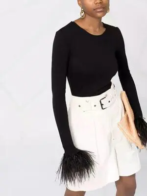 MANURI Elektra Feather-trimmed Long-sleeved Blouse - Black