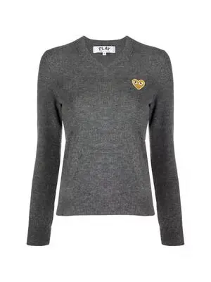 Play Comme Des Garcon Embroidered Heart V-neck Sweater - Grey