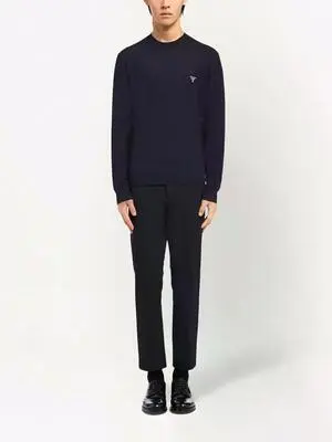 Prada Superfine Wool Crew-neck Sweater With Embroidered Logo - Blue
