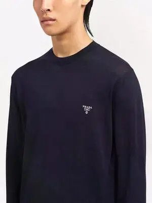 Prada Logo Embroidered Superfine Wool Jumper - Blue