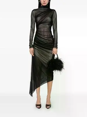 MUGLER Asymmetrical High Neck Ruched Midi Dress