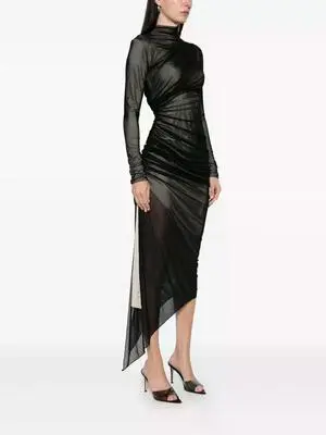 MUGLER Asymmetrical High Neck Ruched Midi Dress