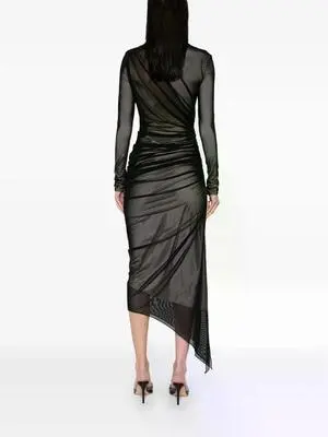 MUGLER Asymmetrical High Neck Ruched Midi Dress