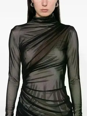 MUGLER Asymmetrical High Neck Ruched Midi Dress