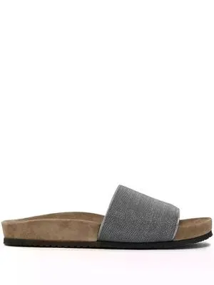 Brunello Cucinelli Monili-embroidered Leather Band Slides - Silver