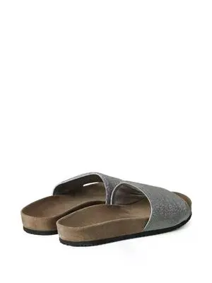 Brunello Cucinelli Monili-embroidered Leather Band Slides - Silver