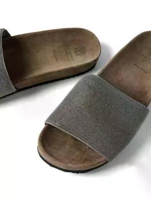 Brunello Cucinelli Monili-embroidered Leather Band Slides - Silver