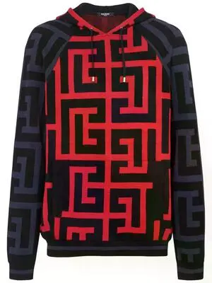 Balmain Monogram Print Drawstring Hoodie - Blue