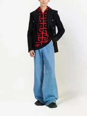 Balmain Monogram Print Drawstring Hoodie - Blue