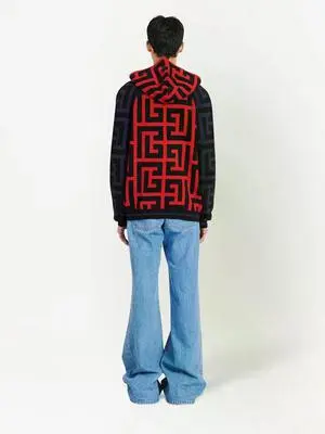 Balmain Monogram Print Drawstring Hoodie - Blue