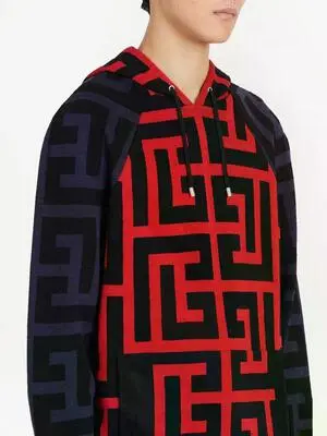 Balmain Monogram Print Drawstring Hoodie - Blue