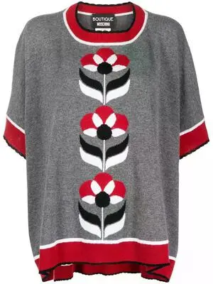 Moschino Intarsia Floral Knit Poncho Top - Grey