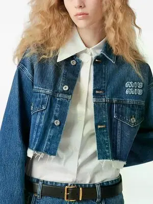 Miu Miu Cropped Denim Blouson Jacket With Embroidered Logo - Blue