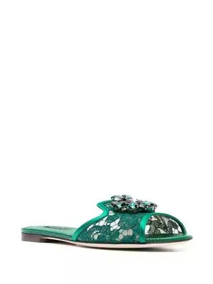 Dolce & Gabbana Bianca Rainbow Lace Brooch-detail Flat Sandals - Green