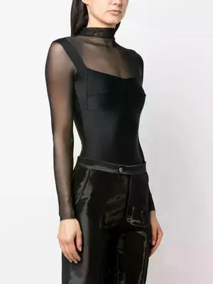 ATU BODY COUTURE Recycled Polyester Blend Sheer Sleeve Bodysuit - Black