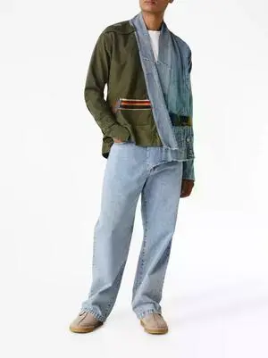 GREG LAUREN Asymmetric Patchwork Denim And Cotton-wool Blend Jacket - Blue