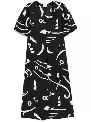 ALYSI Abstract Print V-neck Maxi Dress - Black