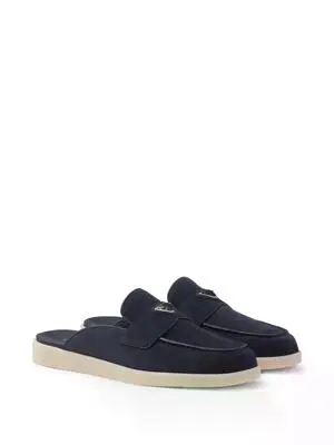 Prada Suede Slip-on Mules With Metal Logo Detail - Blue